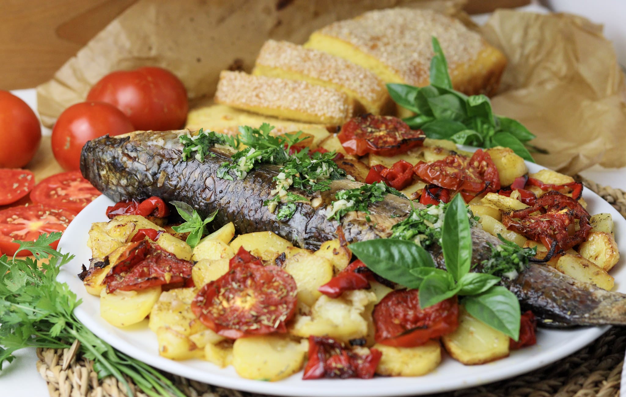 Oven Baked Grey Mullet (with Vegetables)